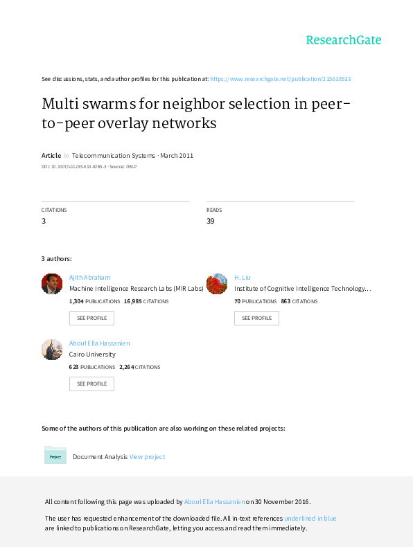(PDF) Multi swarms for neighbor selection in peer-to-peer overlay networks
