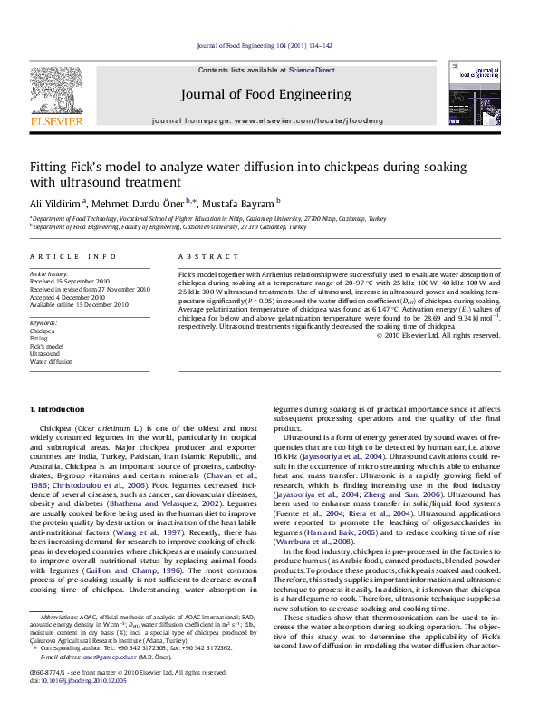 (PDF) Fitting Fick’s model to analyze water diffusion into chickpeas during soaking with ...