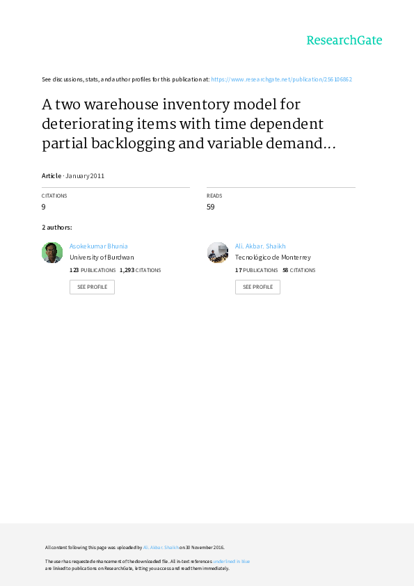 Pdf Two Warehouse Inventory Model For Deteriorating Items When Demand Is Price Sensitive