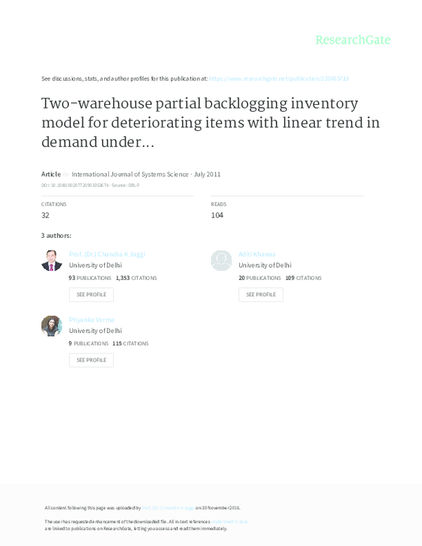 Pdf Two Warehouse Partial Backlogging Inventory Model For Deteriorating Items With Linear