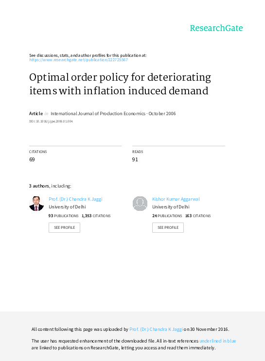Pdf Optimal Order Policy For Deteriorating Items With Inflation Induced Demand