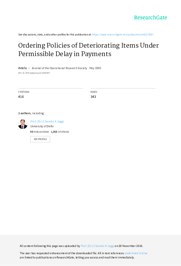Pdf Ordering Policies Of Deteriorating Items Under Permissible Delay In Payments