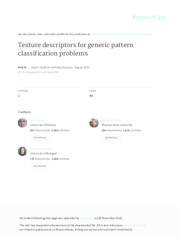 (PDF) Texture descriptors for generic pattern classification problems