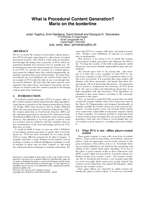 (PDF) What is procedural content generation?: Mario on the borderline