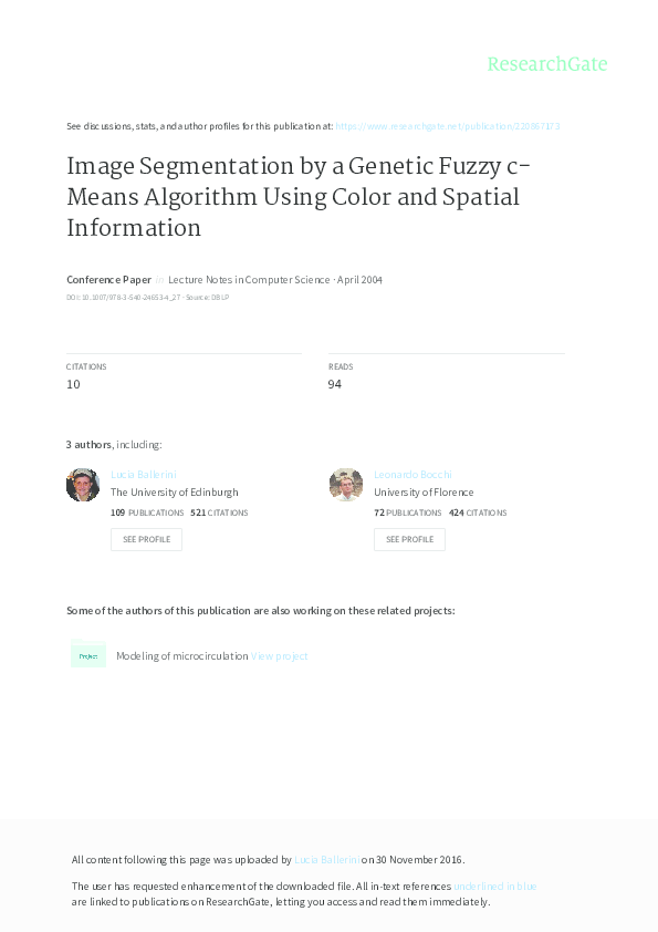 Pdf Image Segmentation By A Genetic Fuzzy C Means Algorithm Using Color And Spatial Information
