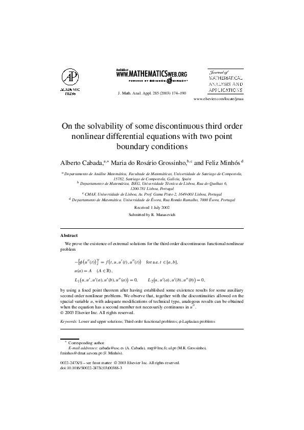 Pdf On The Solvability Of Some Discontinuous Third Order Nonlinear Differential Equations With