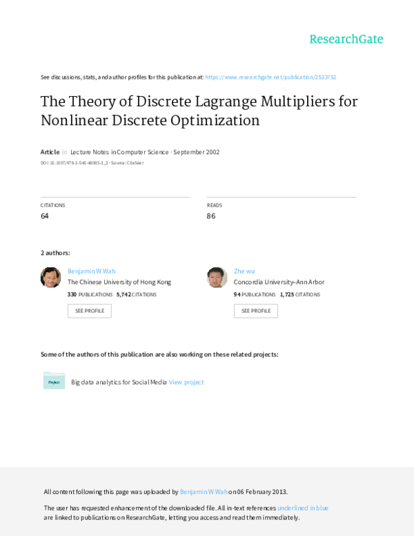 Pdf The Theory Of Discrete Lagrange Multipliers For Nonlinear Discrete Optimization