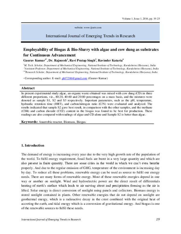 (PDF) Employability of Biogas & Bio-Slurry with algae and cow dung as ...