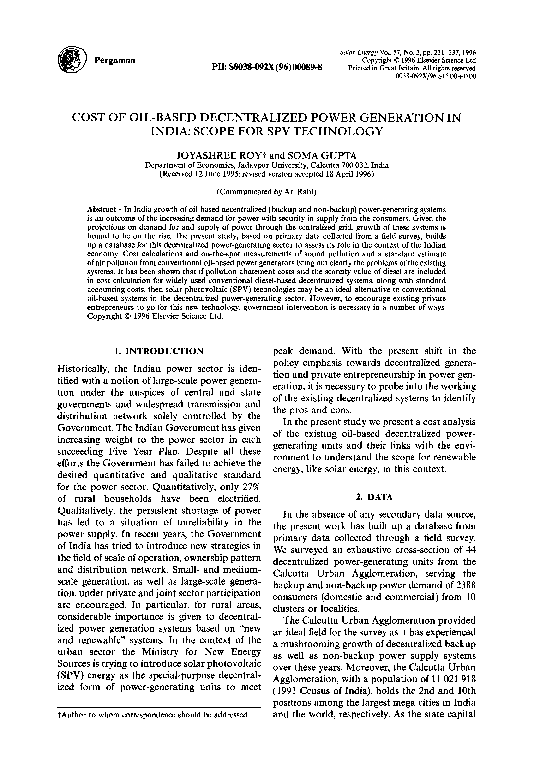 (PDF) Cost of oil-based decentralized power generation in India: Scope ...
