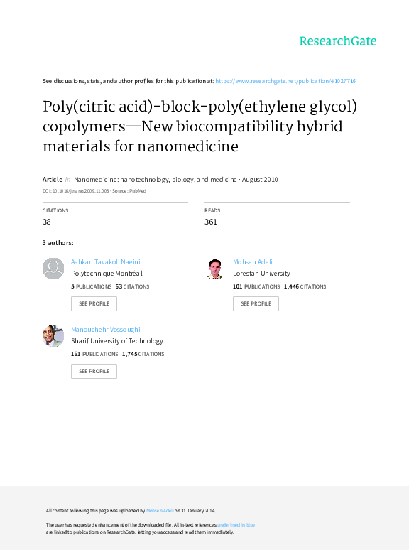 (PDF) Poly(citric acid)- block-poly(ethylene glycol) copolymers—new biocompatible hybrid ...