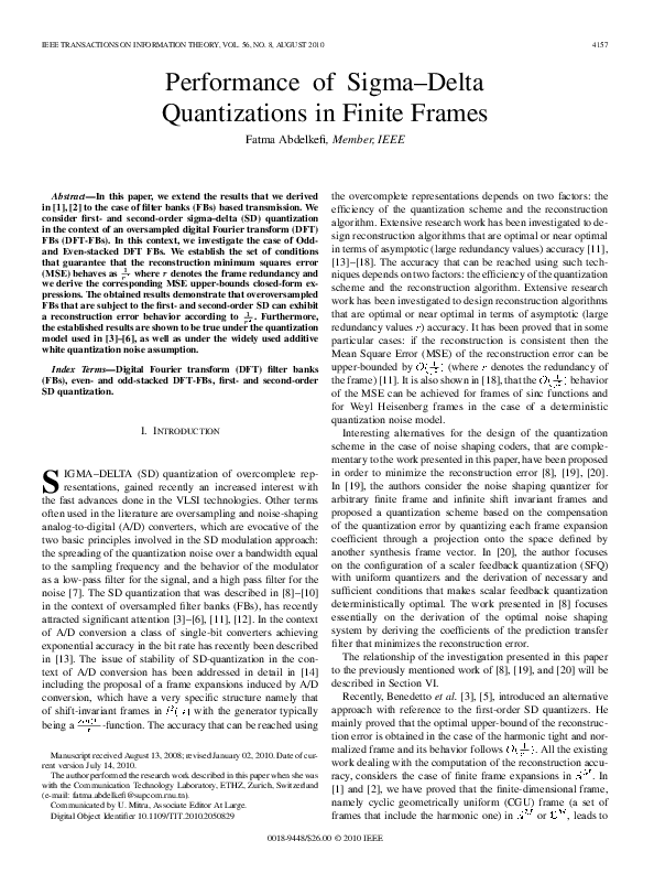Pdf Performance Of Sigma Delta Quantizations In Finite Frames