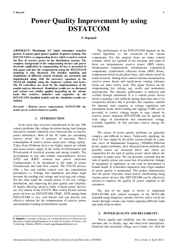 (PDF) Power Quality Improvement by using DSTATCOM