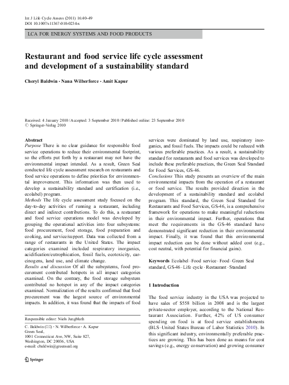 (PDF) Restaurant and food service life cycle assessment and development ...