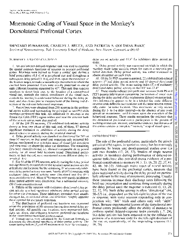 (PDF) Mnemonic coding of visual space in the monkey''s dorsolateral prefrontal cortex | Charles ...