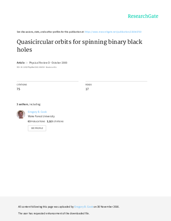 (PDF) Quasicircular orbits for spinning binary black holes