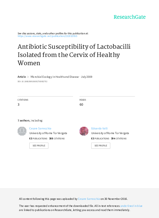 (PDF) Antibiotic Susceptibility of Lactobacilli Isolated from the ...