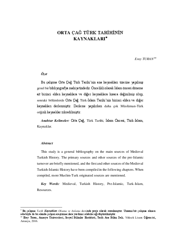 (PDF) Orta Çağ Türk Tarihi'nin Kaynakları, Eray TURAN