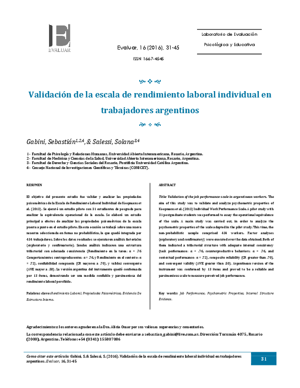 (PDF) Validación de la escala de rendimiento laboral individual en ...
