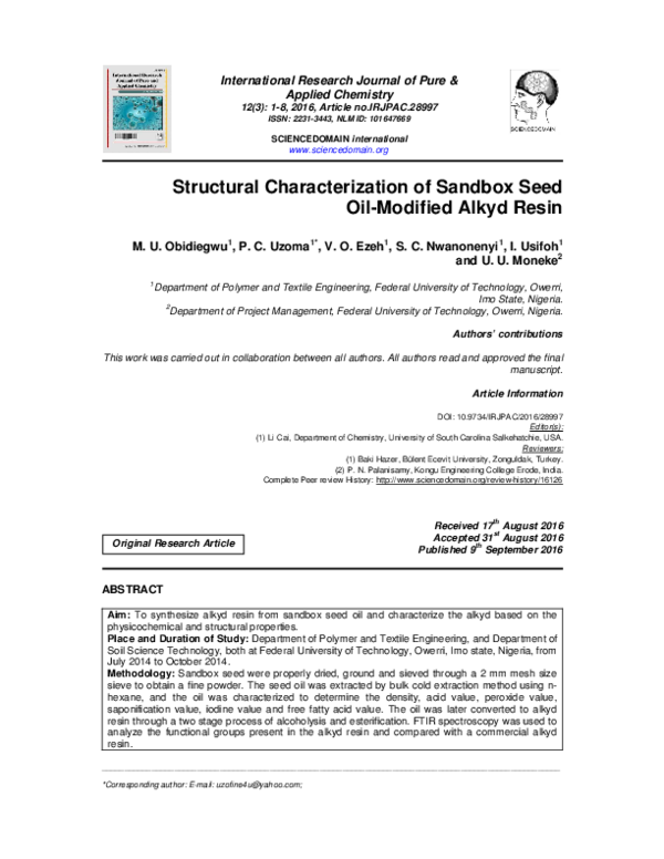 (PDF) Structural Characterization of Sandbox Seed Oil-Modified Alkyd Resin