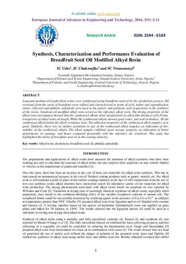 (PDF) Synthesis, Characterization and Performance Evaluation of Breadfruit Seed Oil Modified ...