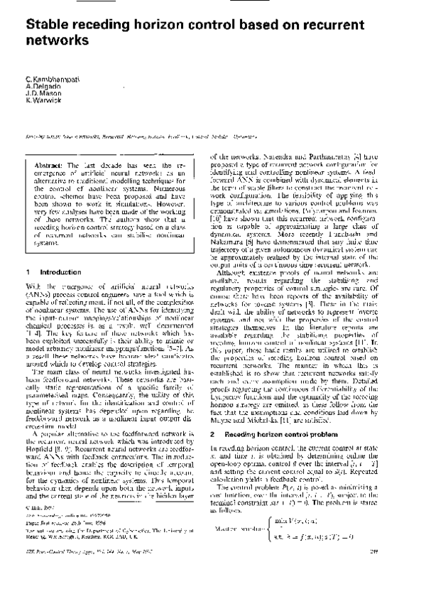 (PDF) Stable receding horizon control based on recurrent networks