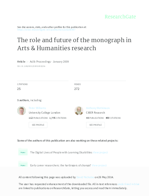 (PDF) The role and future of the monograph in arts and humanities research
