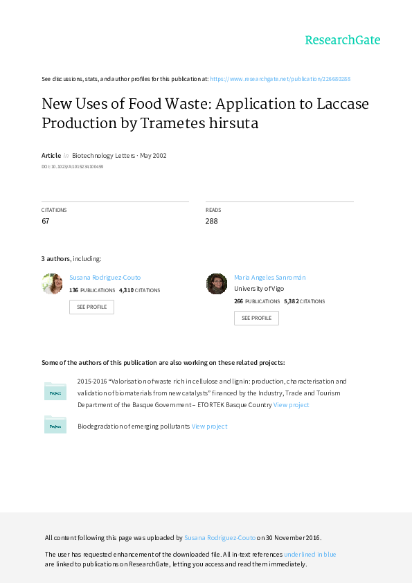 (PDF) New uses of food waste: application to laccase production by ...