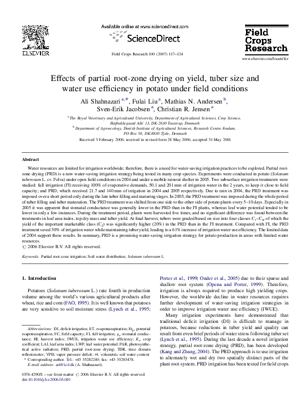 Pdf Effects Of Partial Root Zone Drying On Yield Tuber Size And