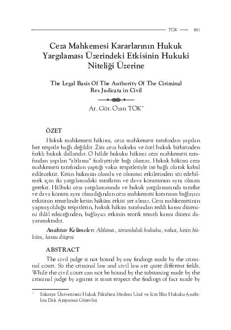 (PDF) Ceza Mahkemesi Kararlarının Hukuk Yargılaması Üzerindeki Etkisinin Hukuki Niteliği Üzerine ...
