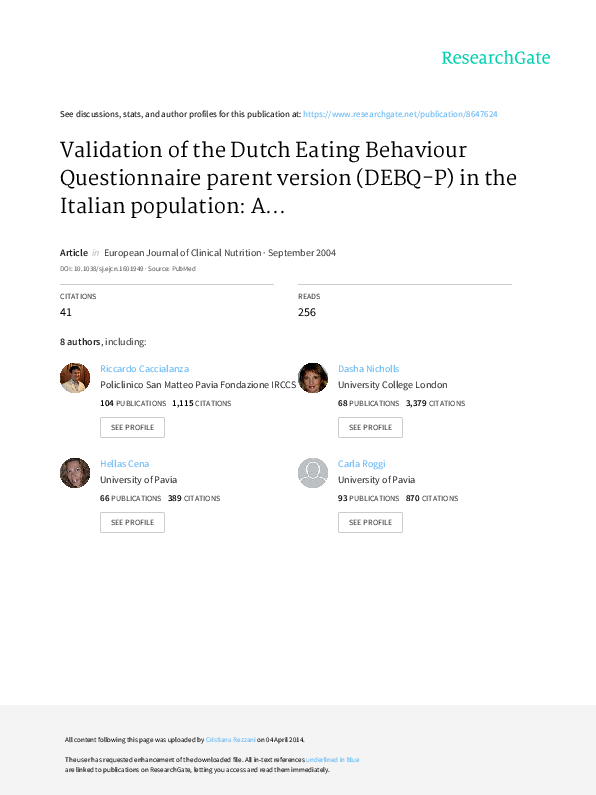 (PDF) Validation of the Dutch Eating Behaviour Questionnaire parent ...