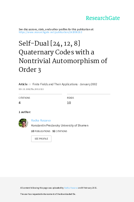 (PDF) Self-Dual [24, 12, 8] Quaternary Codes with a Nontrivial Automorphism of Order 3