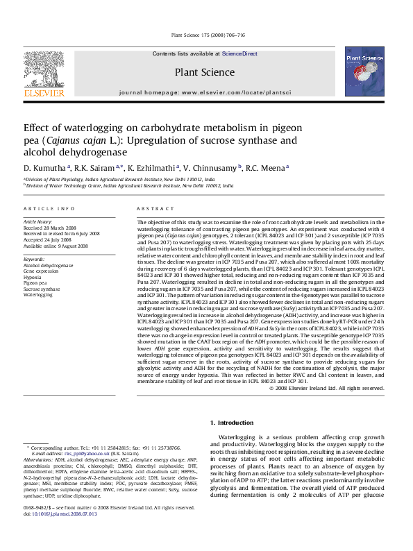 (PDF) Effect of waterlogging on carbohydrate metabolism in pigeon pea ...