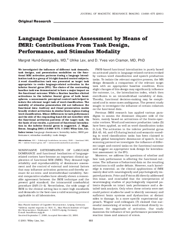 (PDF) Language dominance assessment by means of fMRI: Contributions ...