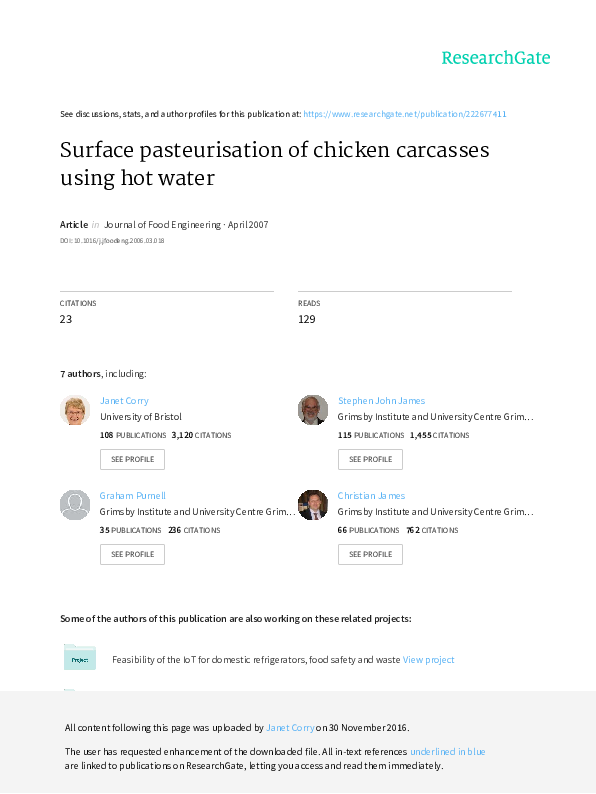 (PDF) Surface pasteurisation of chicken carcasses using hot water