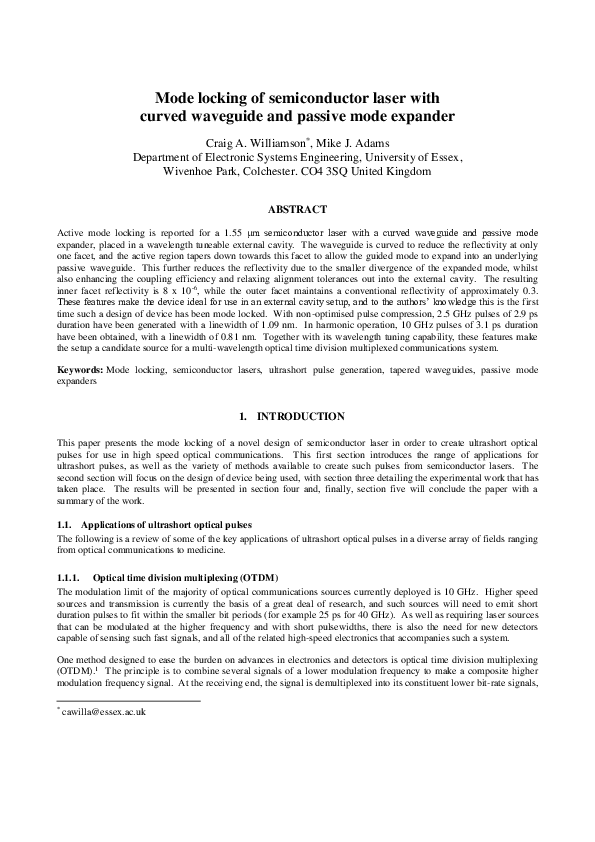 (PDF) Mode locking of semiconductor laser with curved waveguide and passive mode expander