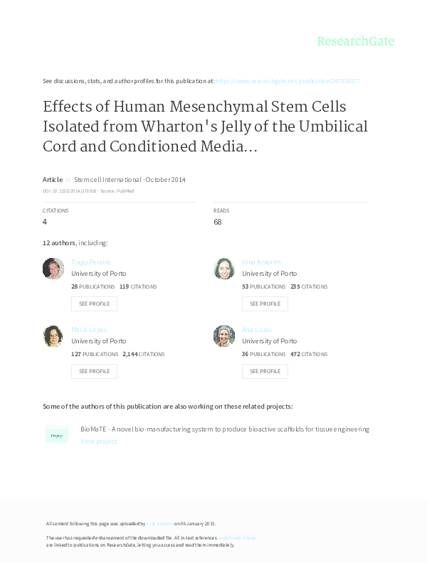 (PDF) Effects of Human Mesenchymal Stem Cells Isolated from Wharton’s Jelly of the Umbilical ...