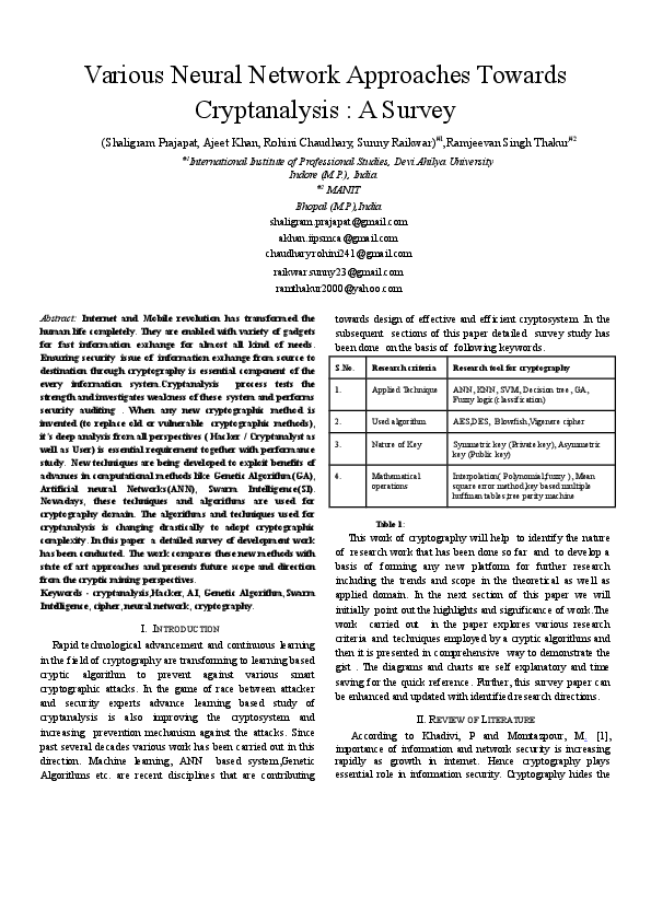(DOC) Various Neural Network Approaches Towards Cryptanalysis : A Survey