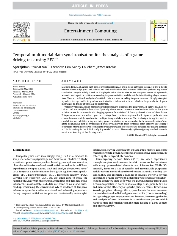 Pdf Temporal Multimodal Data Synchronisation For The Analysis Of A Game Driving Task Using Eeg