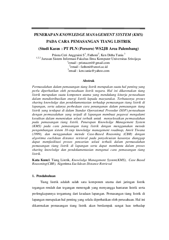 (PDF) PENERAPAN KNOWLEDGE MANAGEMENT SYSTEM (KMS) PADA CARA PEMASANGAN TIANG LISTRIK (Studi ...
