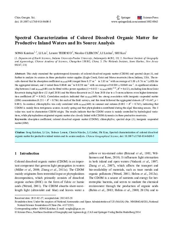 (PDF) Spectral characterization of colored dissolved organic matter for productive inland waters ...