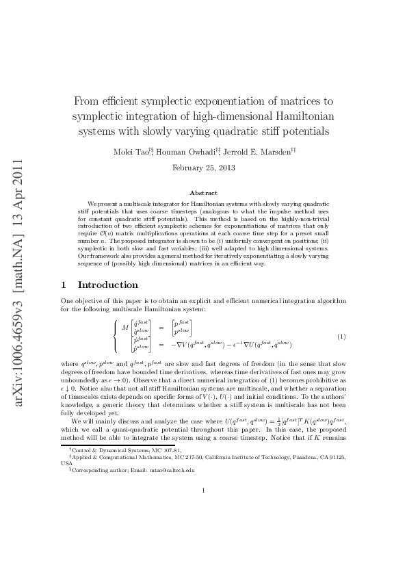 Pdf Symplectic Integration Of High Dimensional Hamiltonian Systems With Slowly Varying