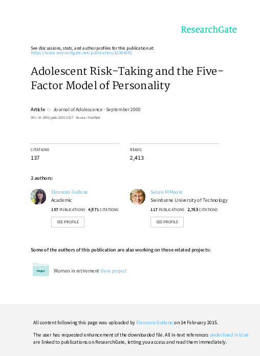 (PDF) Adolescent risk-taking and the five-factor model of personality