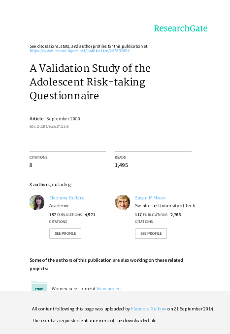 (PDF) A Validation Study of the Adolescent Risk-taking Questionnaire