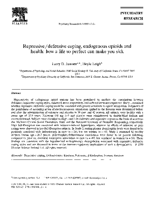 (PDF) Repressive/defensive coping, endogenous opioids and health: how a ...