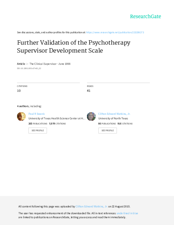 (PDF) Further Validation of the Psychotherapy Supervisor Development Scale