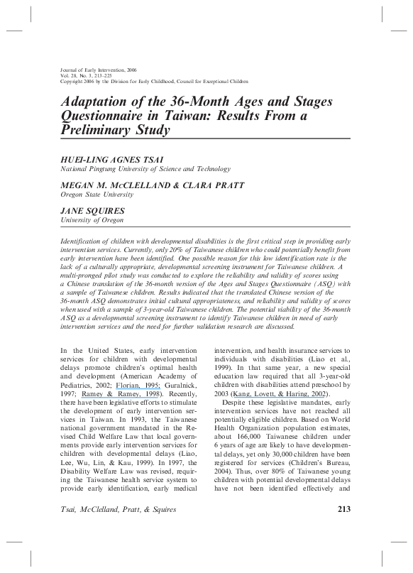 (PDF) Adaptation of the 36Month Ages and Stages Questionnaire in Taiwan ...