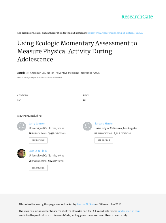 (PDF) Using Ecologic Momentary Assessment to Measure Physical Activity During Adolescence
