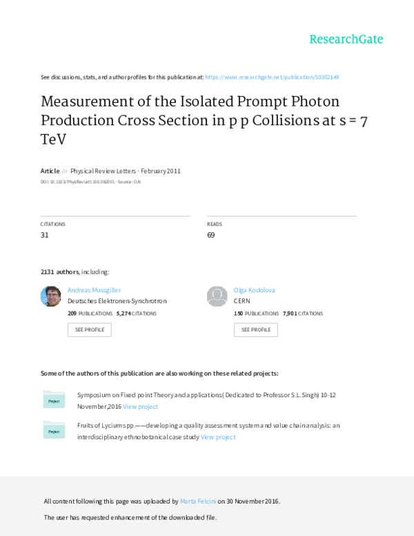 (PDF) Measurement of the Isolated Prompt Photon Production Cross Section in pp Collisions at ...