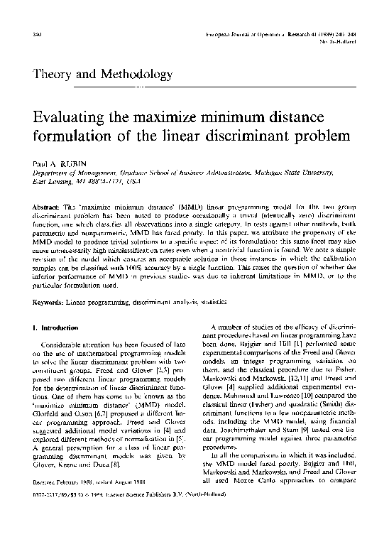 (PDF) Evaluating the maximize minimum distance formulation of the linear discriminant problem