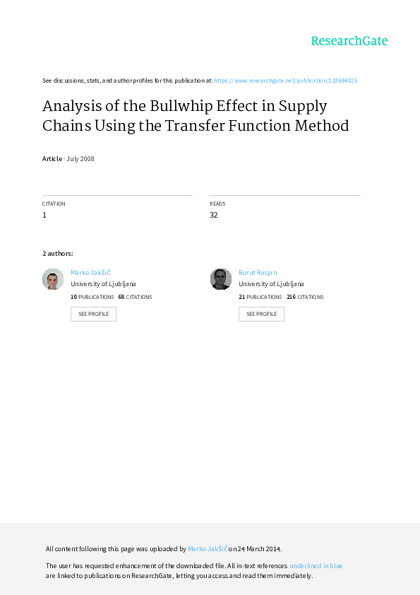 (PDF) Analysis of the Bullwhip Effect in Supply Chains Using the Transfer Function Method